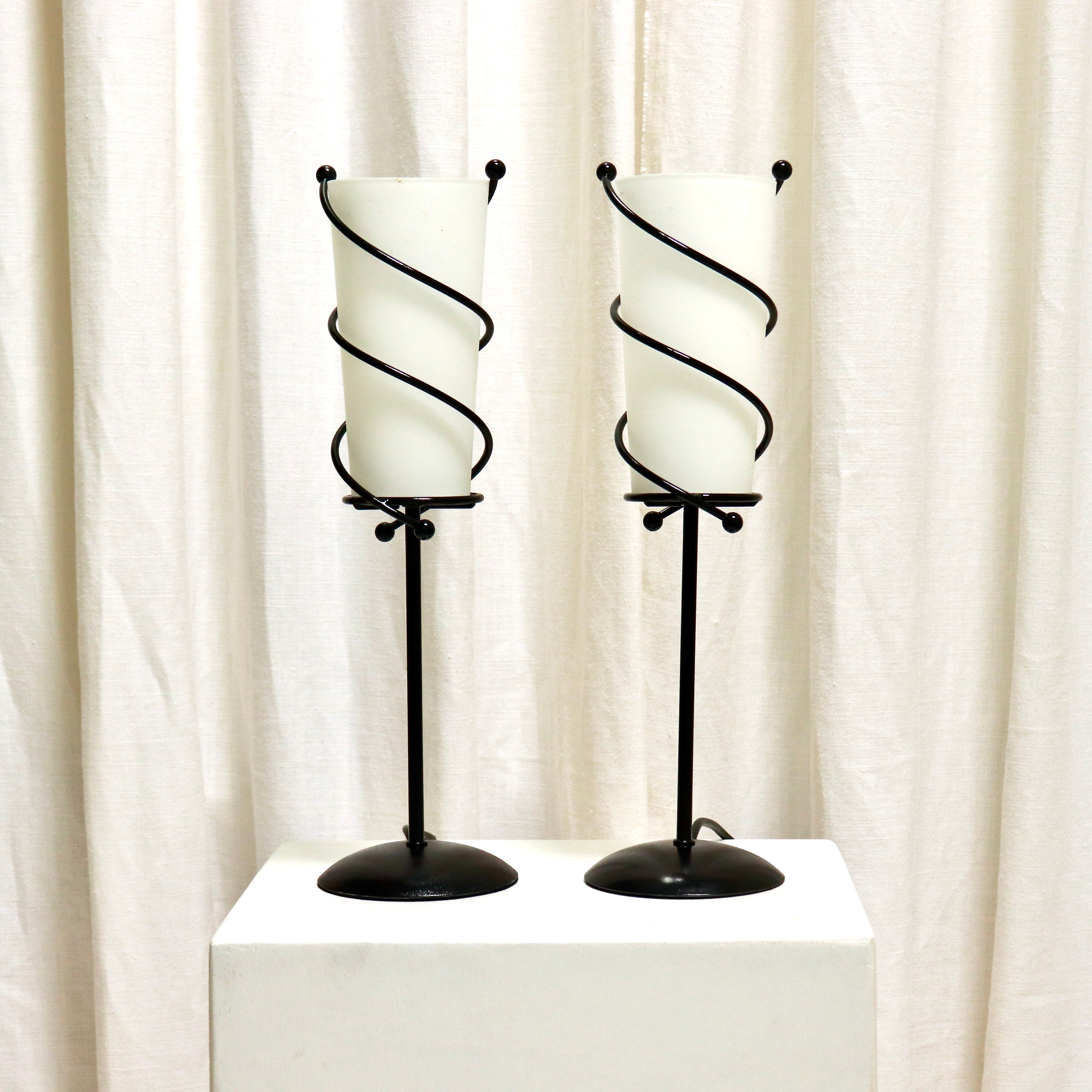 Pair of Spiral-Wrap Table Lamps with Frosted Glass Shades, c. late 20t ...